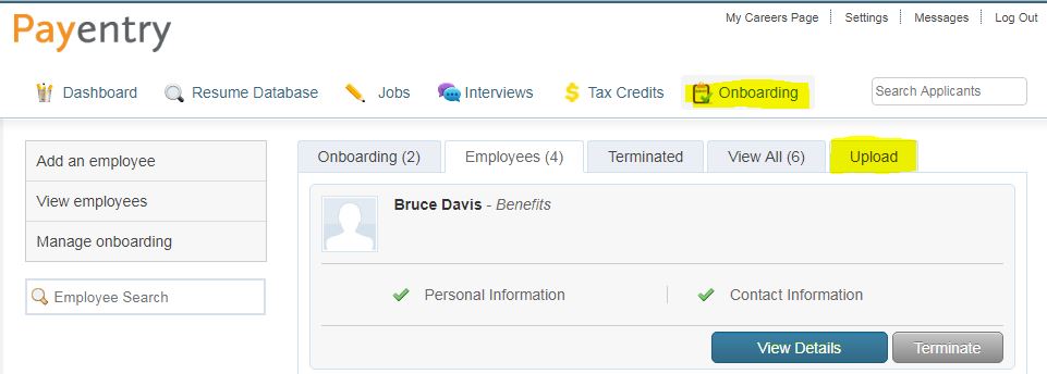 Payentry Hiring & Onboarding upload existing employees from Payroll into Onboarding