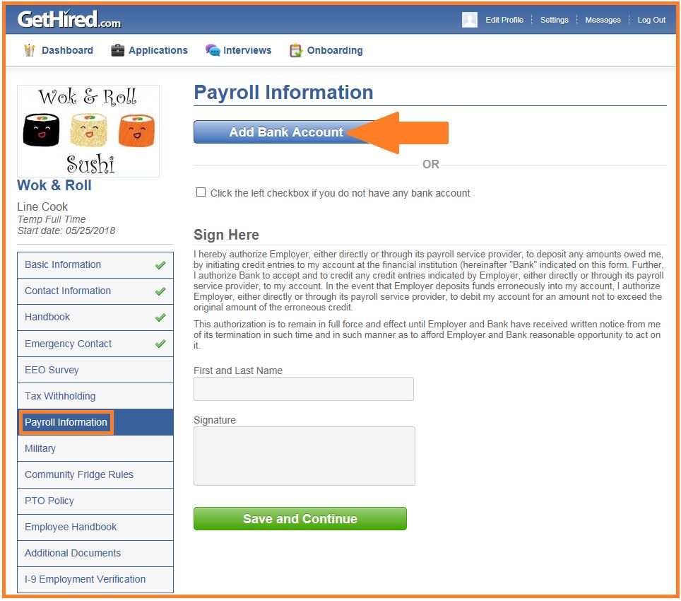 Payentry Hiring & Onboarding Direct Deposit setup