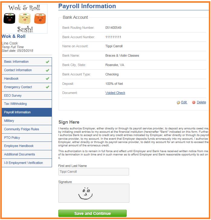 Payentry Hiring & Onboarding Direct Deposit setup
