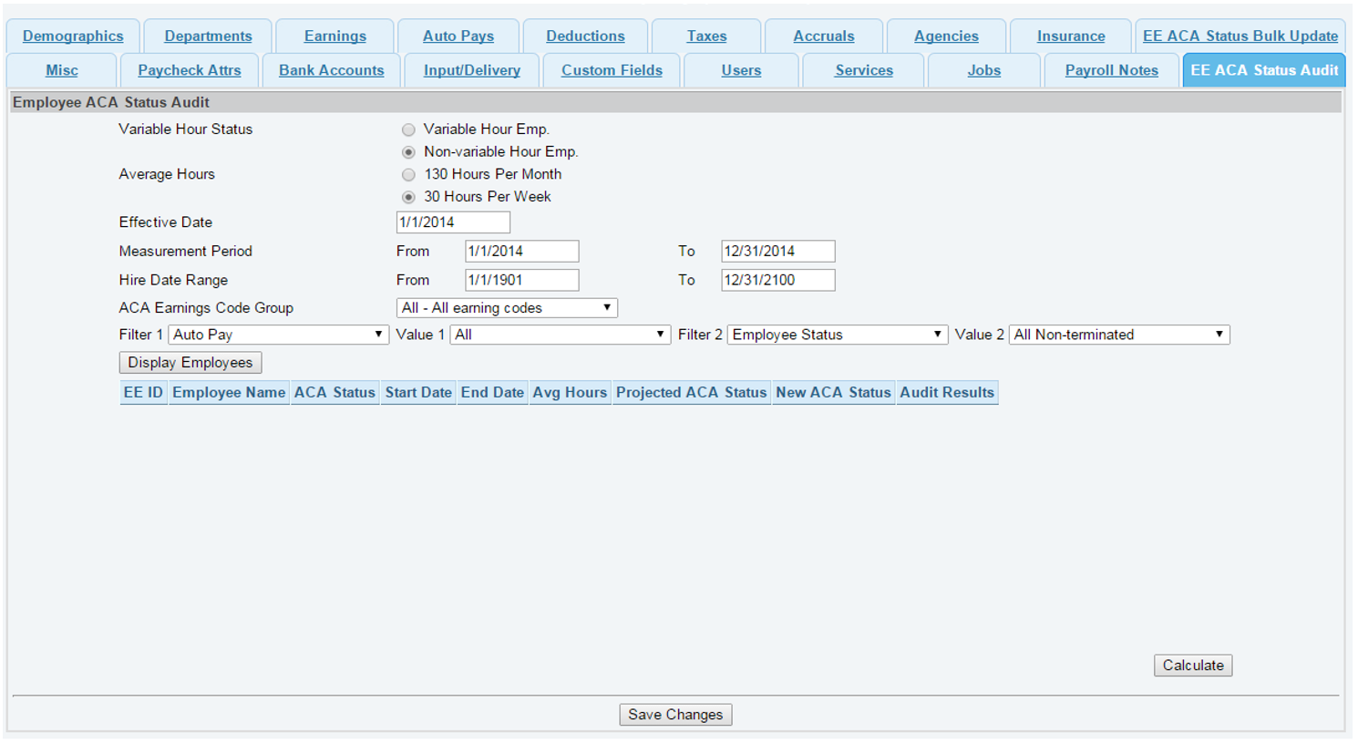 ACA Status Audit Tab for Payentry