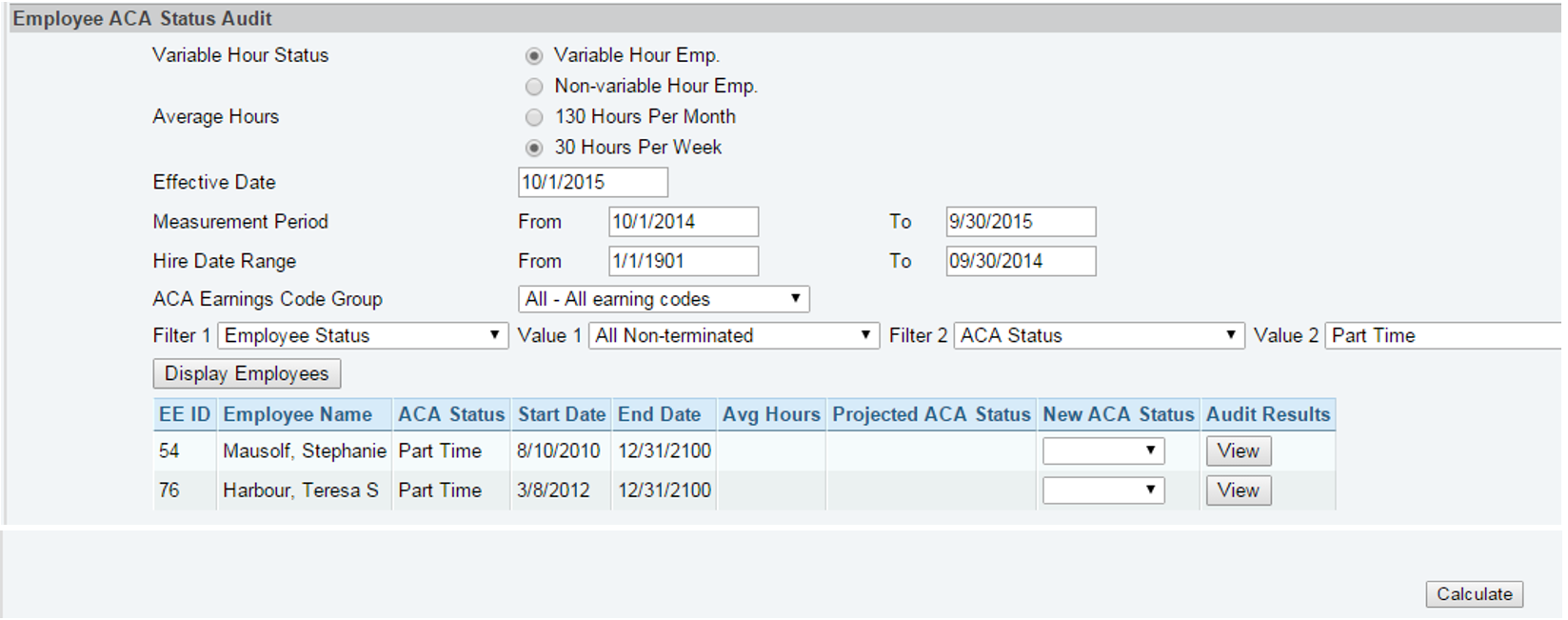 ACA Status Audit Tab for Payentry